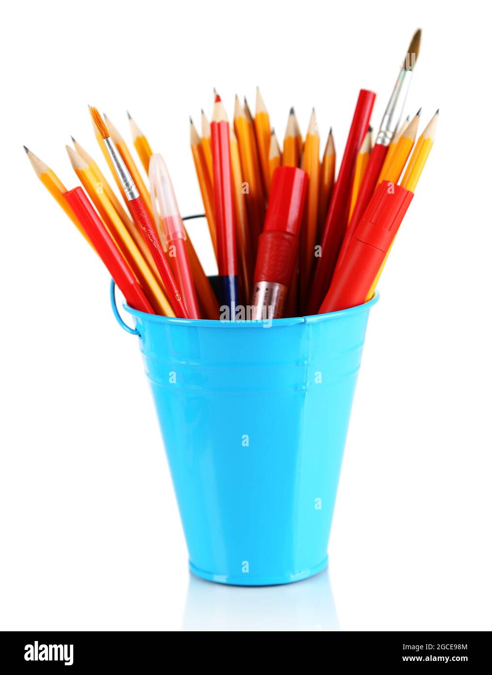 Colorful pencils and other art supplies in pail isolated on white Stock ...