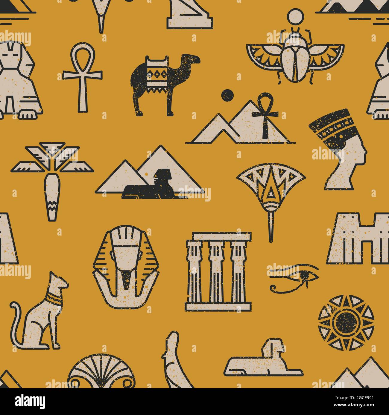 Dark seamless pattern of symbols, landmarks, and signs of Egypt from ...