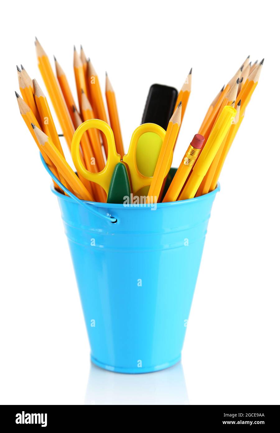 Colorful pencils and other art supplies in pail isolated on white Stock ...