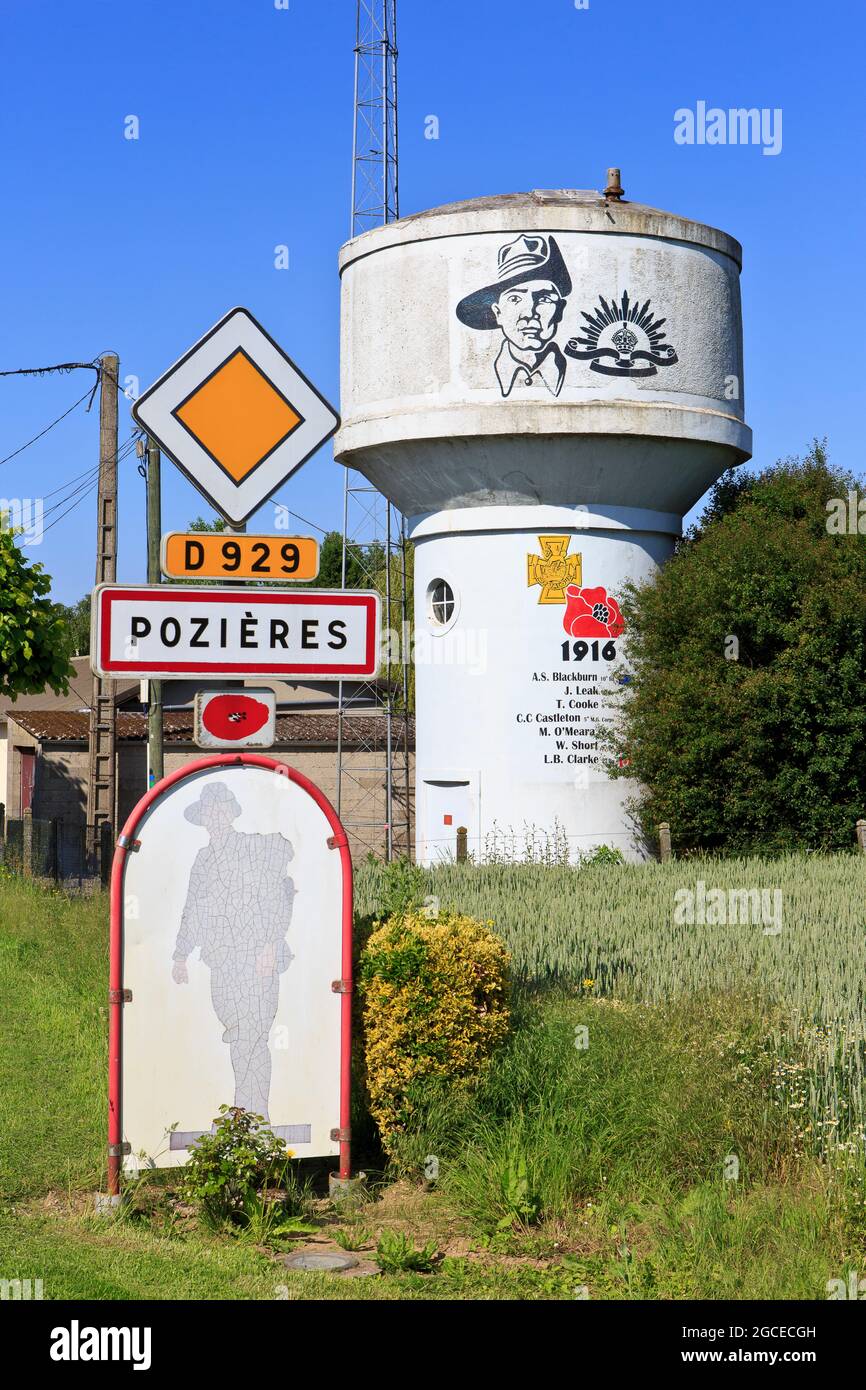 The water tower of Pozieres (Somme), France with a fresco of an ...