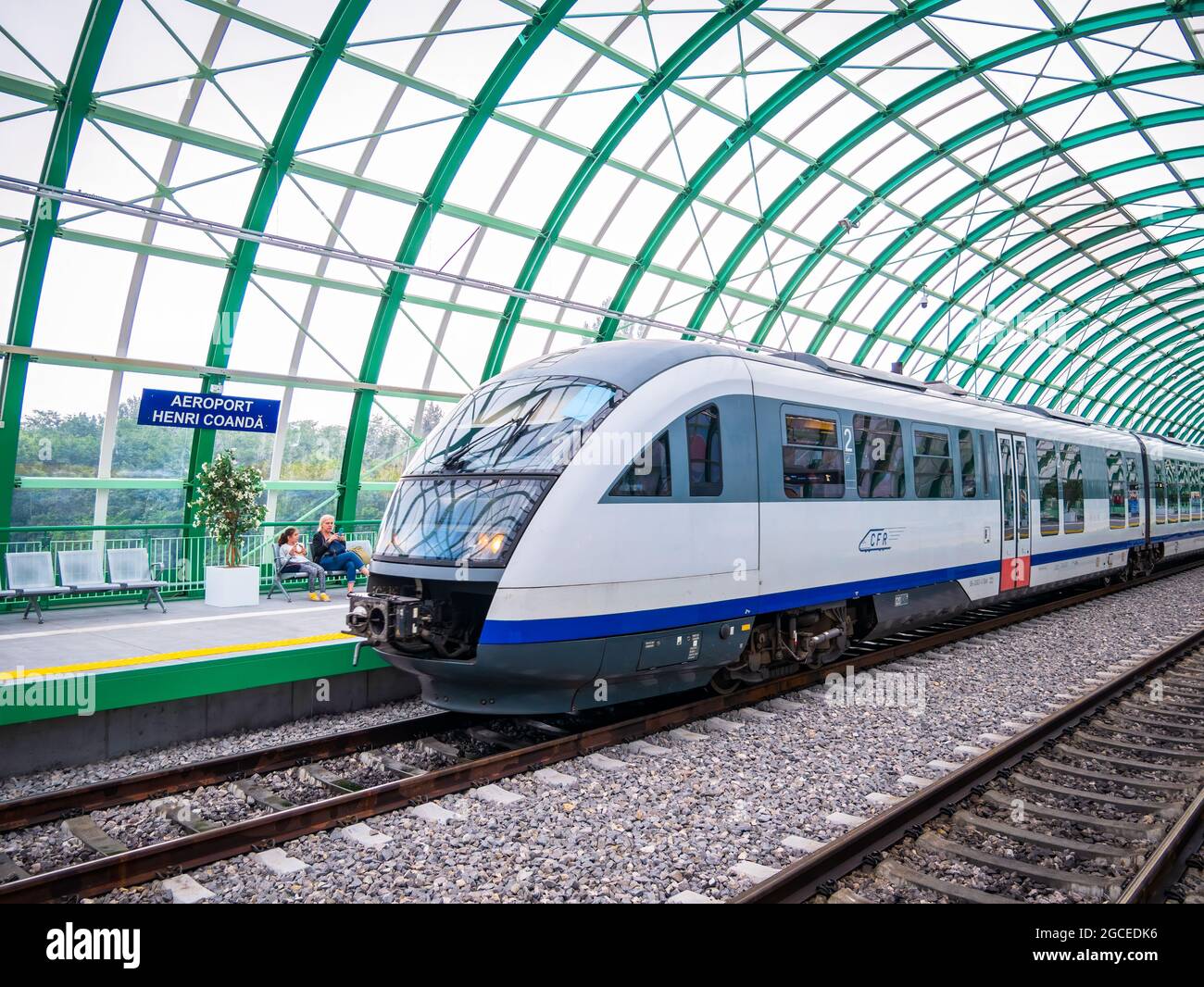 Bucharest, Romania - 06.20.2021: Blue arrow train at Henry Coanda ...