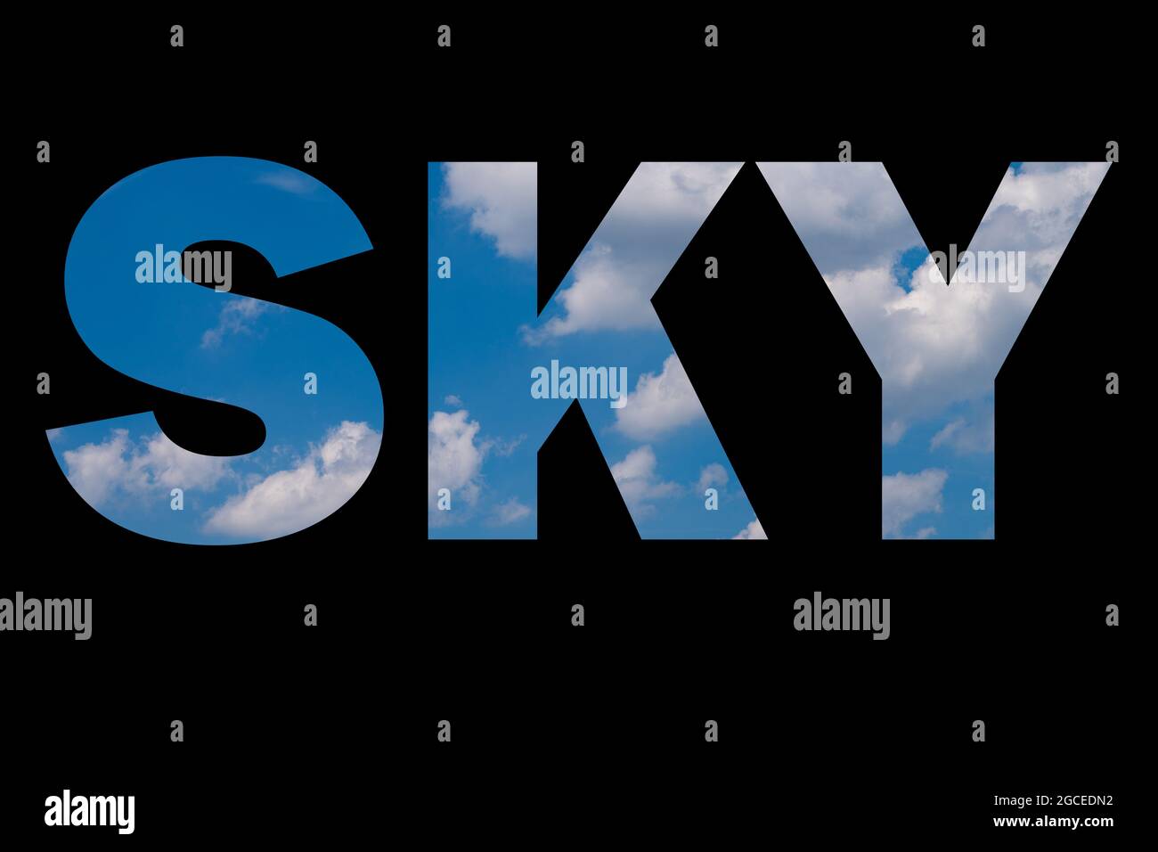 An illustration of a graphic text "Sky" with blue sky and clouds ...
