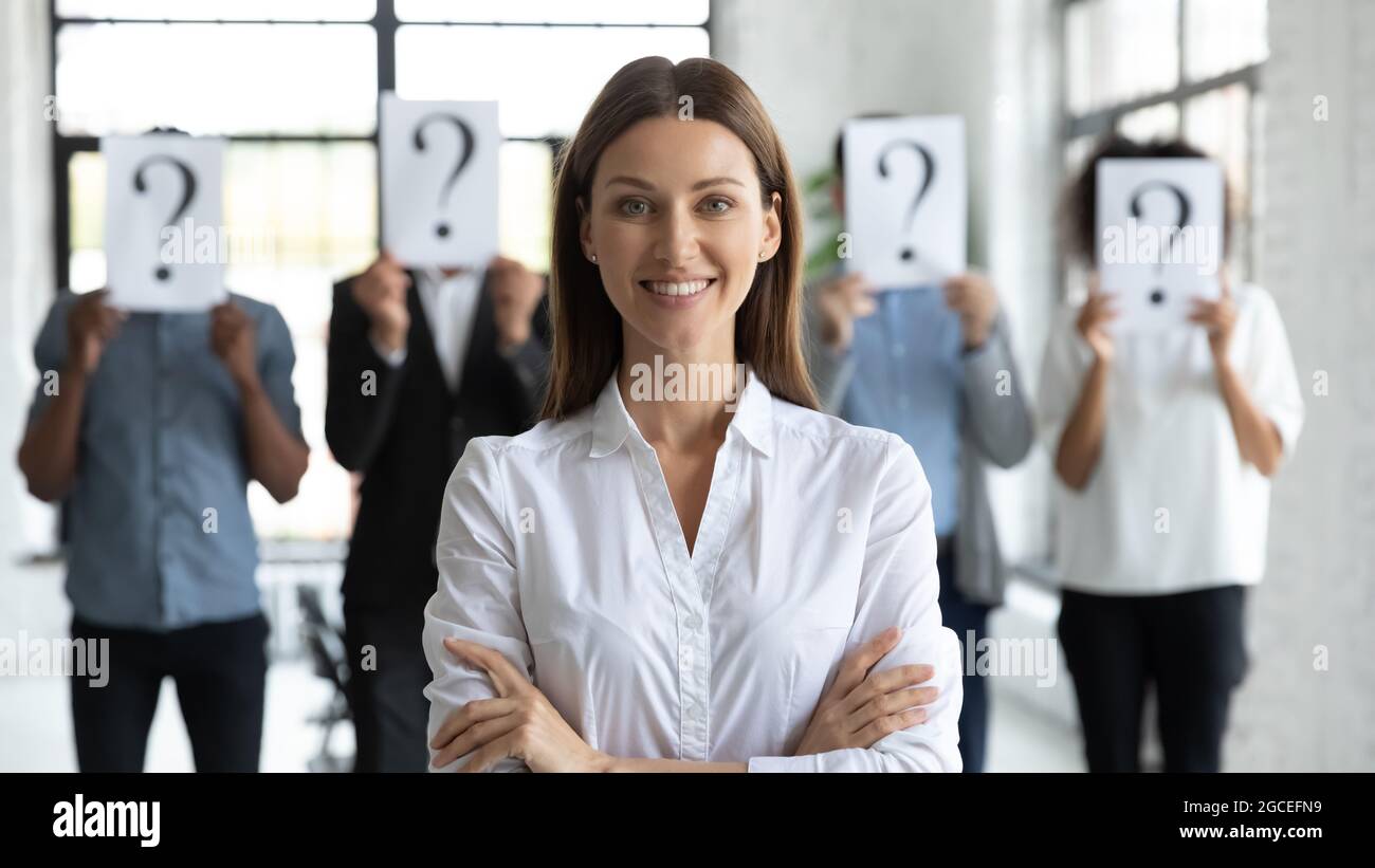 Portrait of happy female job applicant in office Stock Photo - Alamy
