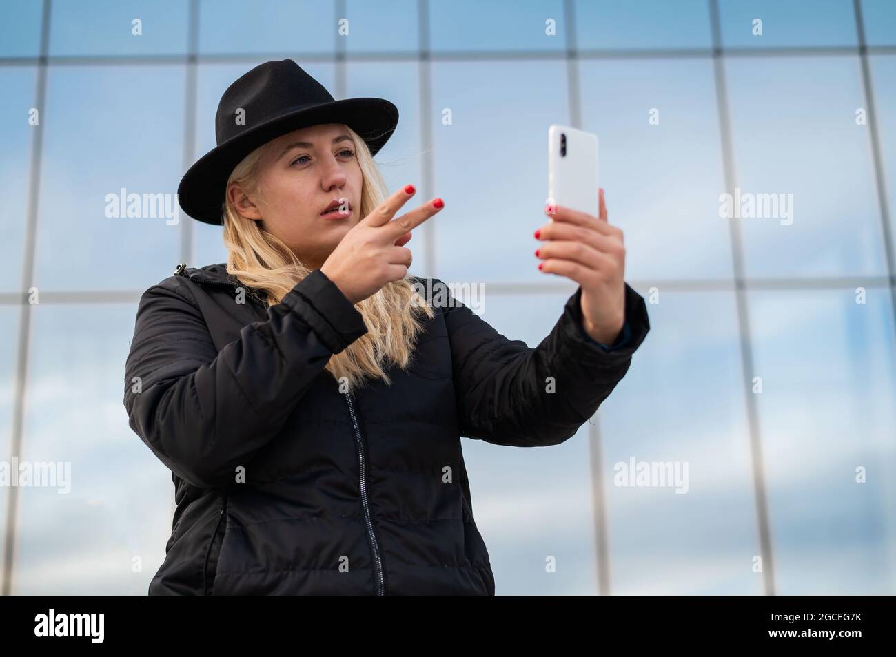 Deaf-mute young woman and speaks sign language over video communication ...