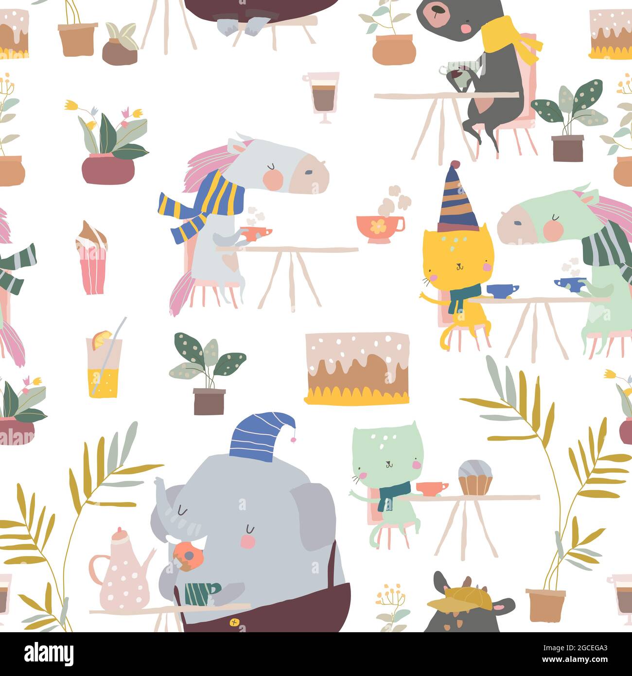 Seamless Pattern of Cute Cartoon Animals sitting in Cafe Stock Vector ...