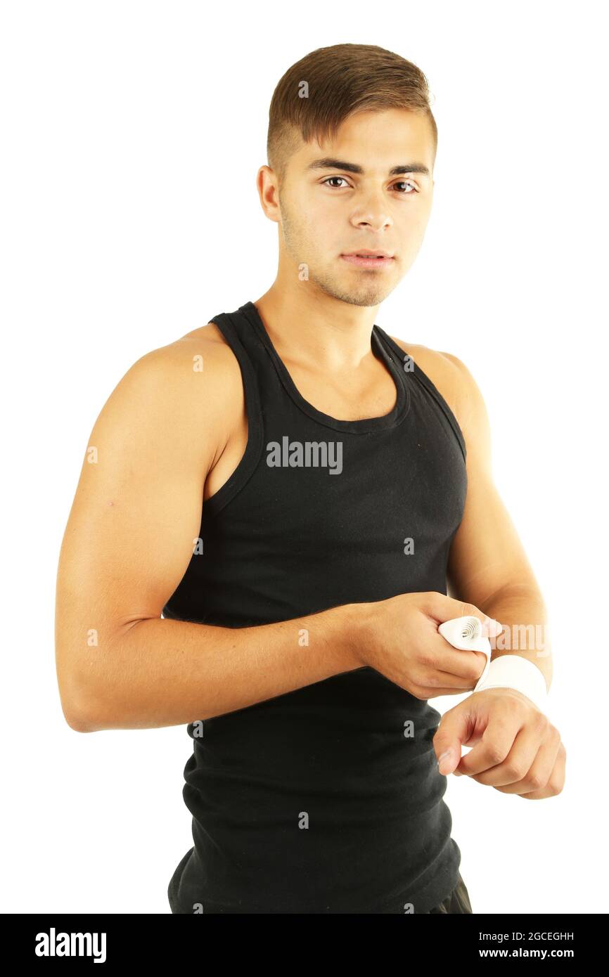 Young man with elastic bandage on hand, isolated on white Stock Photo ...