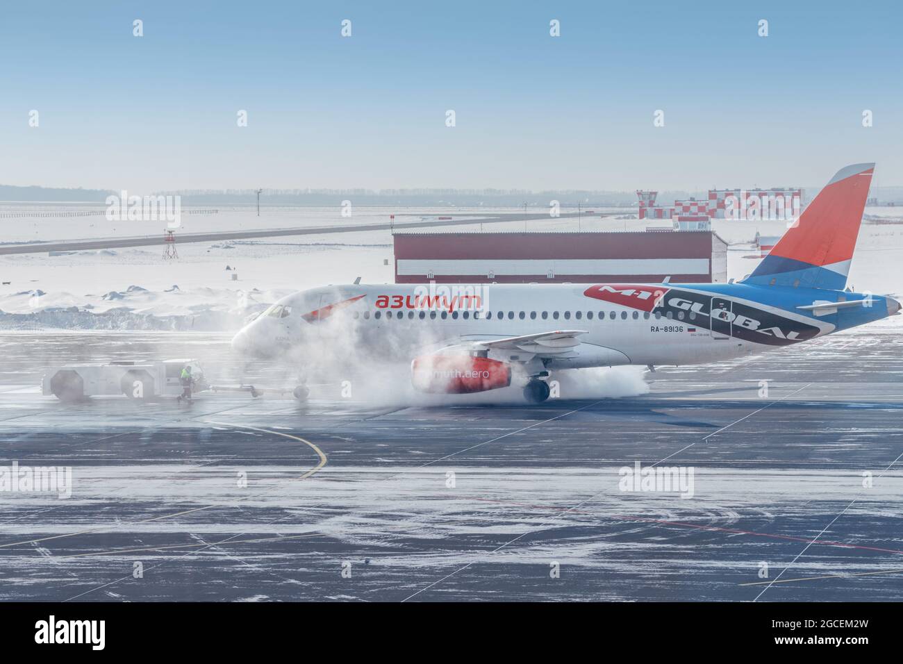 20 February 2021, Ufa, Russia: Azimut Airlines plane smokes during pre ...