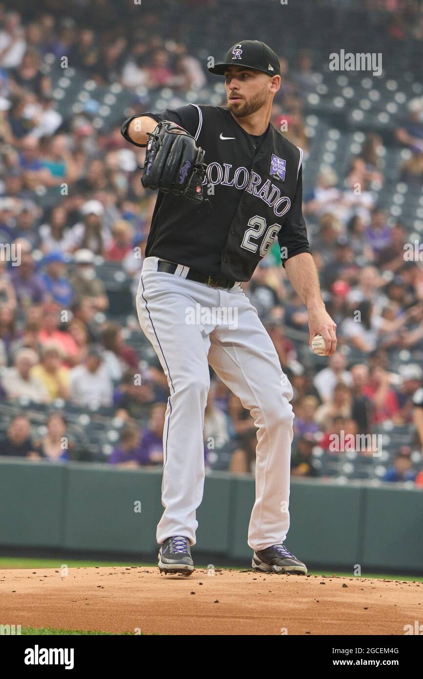 Denver, USA. August 7 2021: Colorado pitcher Austin Gomber (26) throws ...