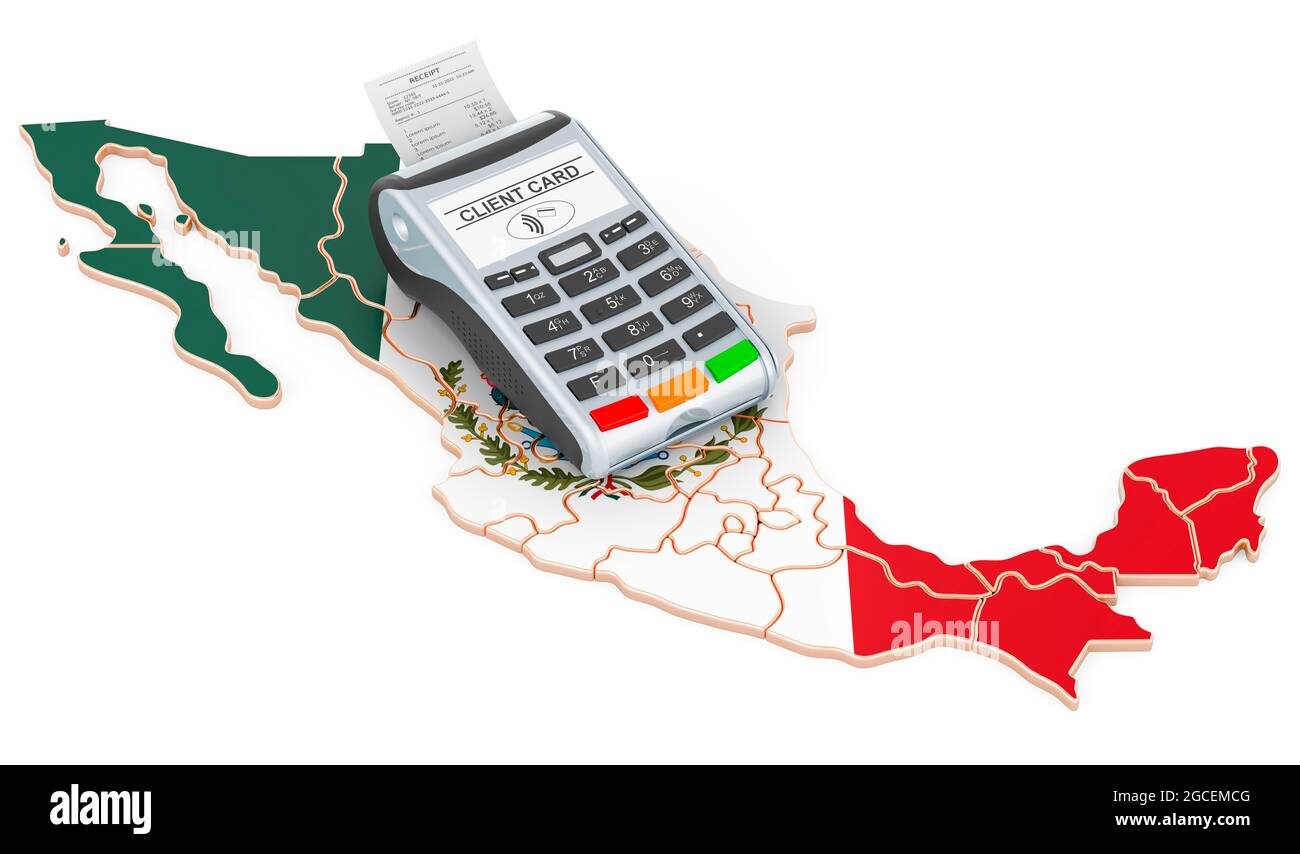 Mexican map with POS terminal. Cashless payments in Mexico concept. 3D ...