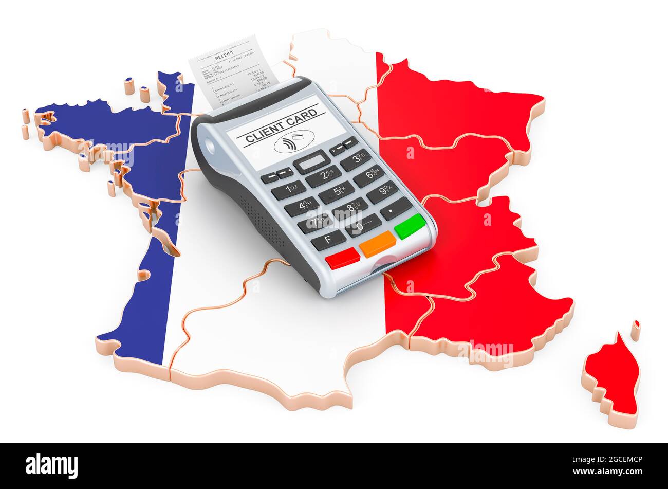 French map with POS terminal. Cashless payments in France concept. 3D ...