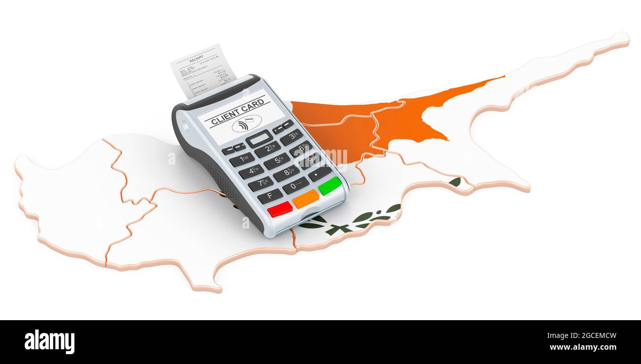 Cypriot map with POS terminal. Cashless payments in Cyprus concept. 3D ...