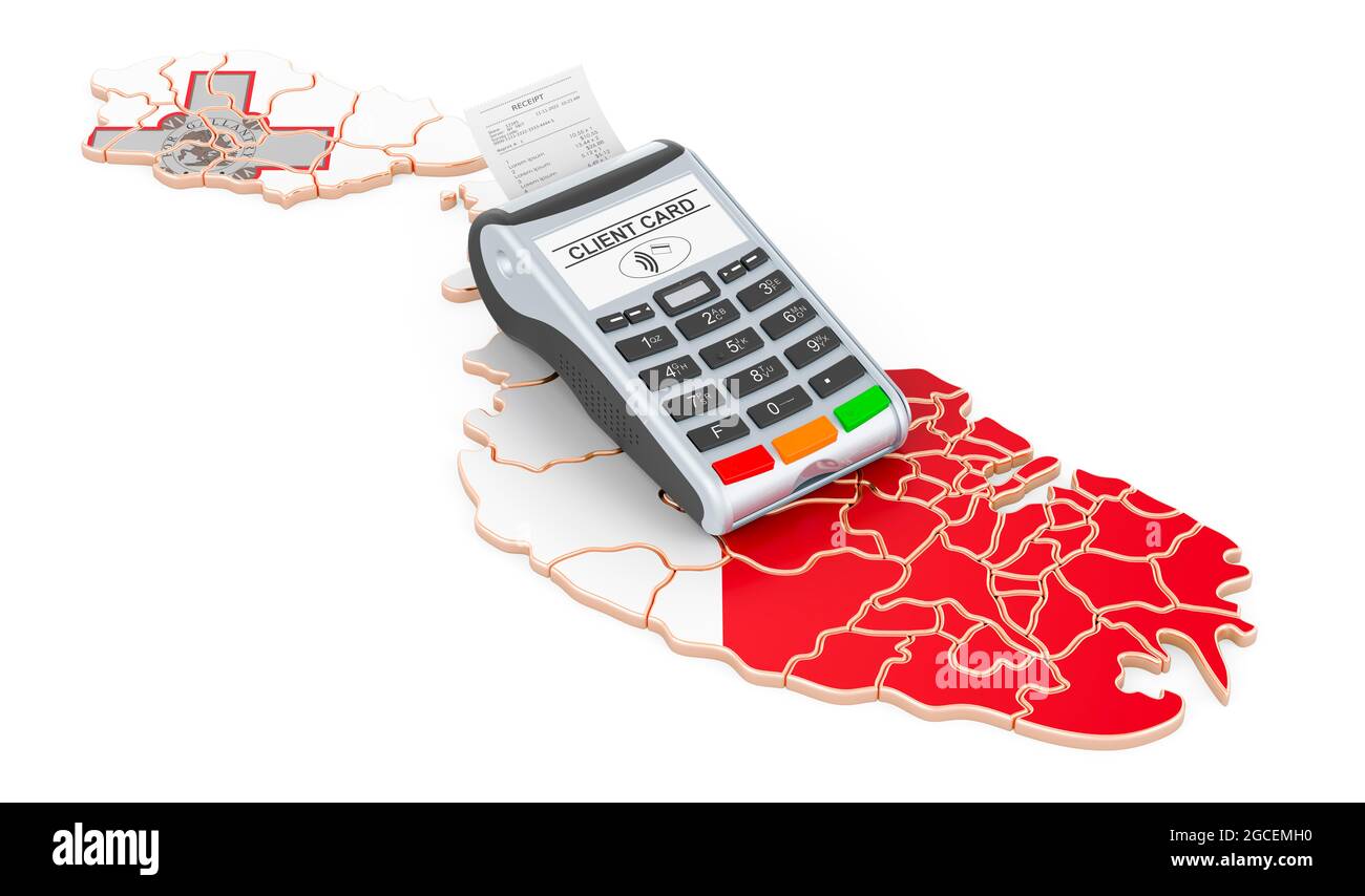 Maltese map with POS terminal. Cashless payments in Malta concept. 3D ...