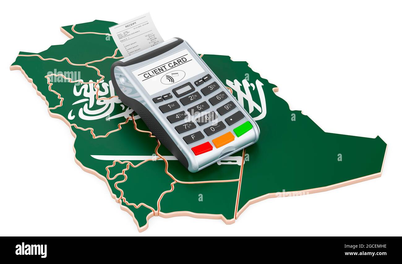Saudi Arabian map with POS terminal. Cashless payments in Saudi Arabia ...