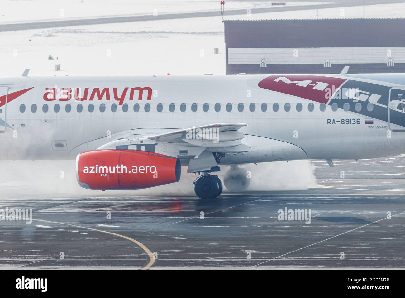 20 February 2021, Ufa, Russia: Azimut Airlines plane smokes during pre ...