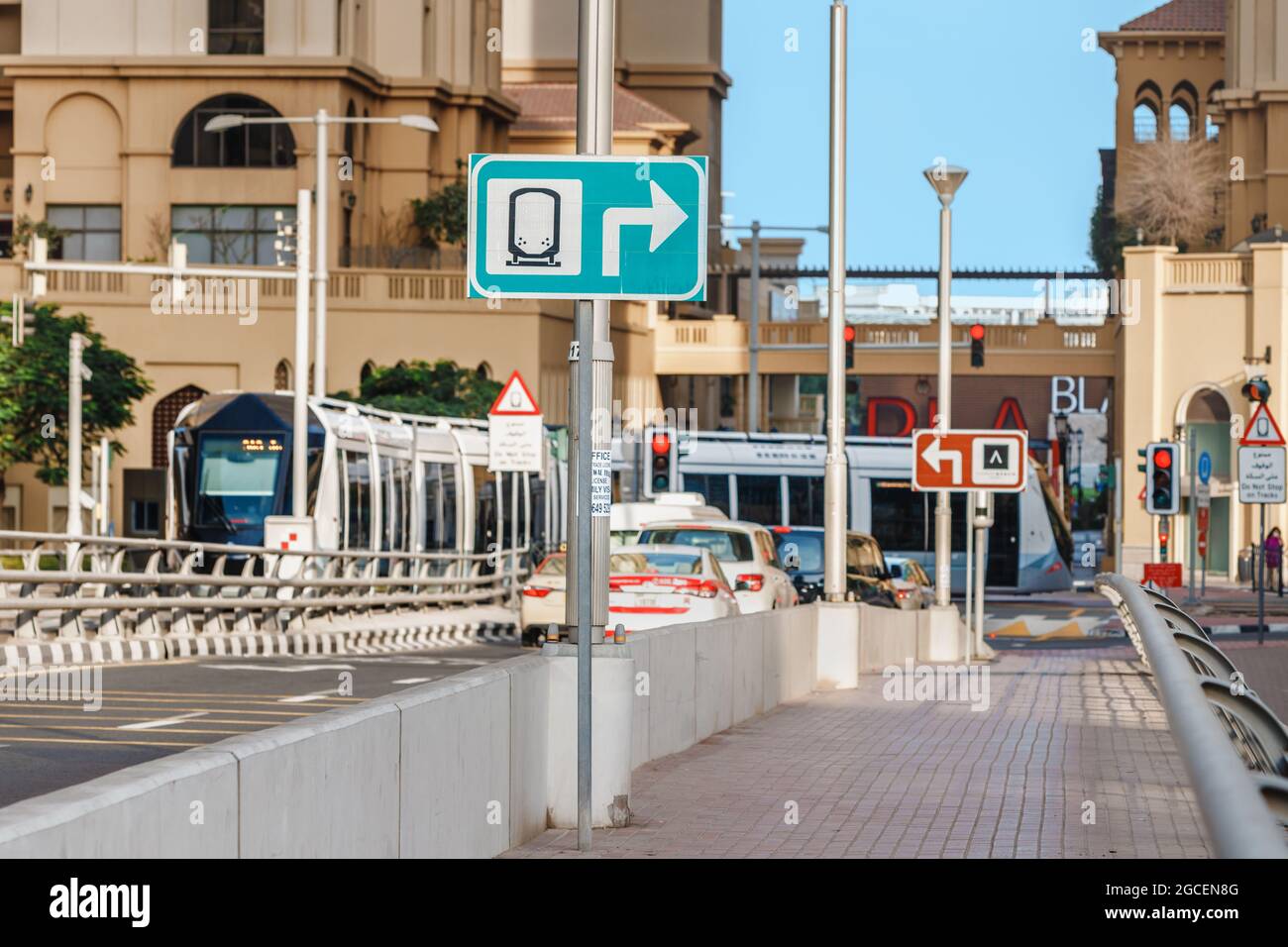 21 February 2021, Dubai, UAE: The tram line runs along the perimeter of ...