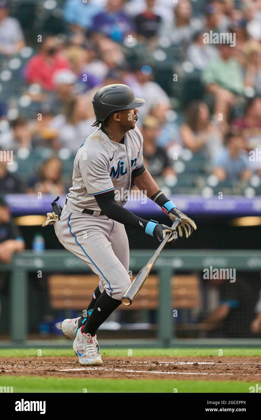 Denver, USA. August 7 2021: Miami centerfielder Lewis Brinson (25) hits ...