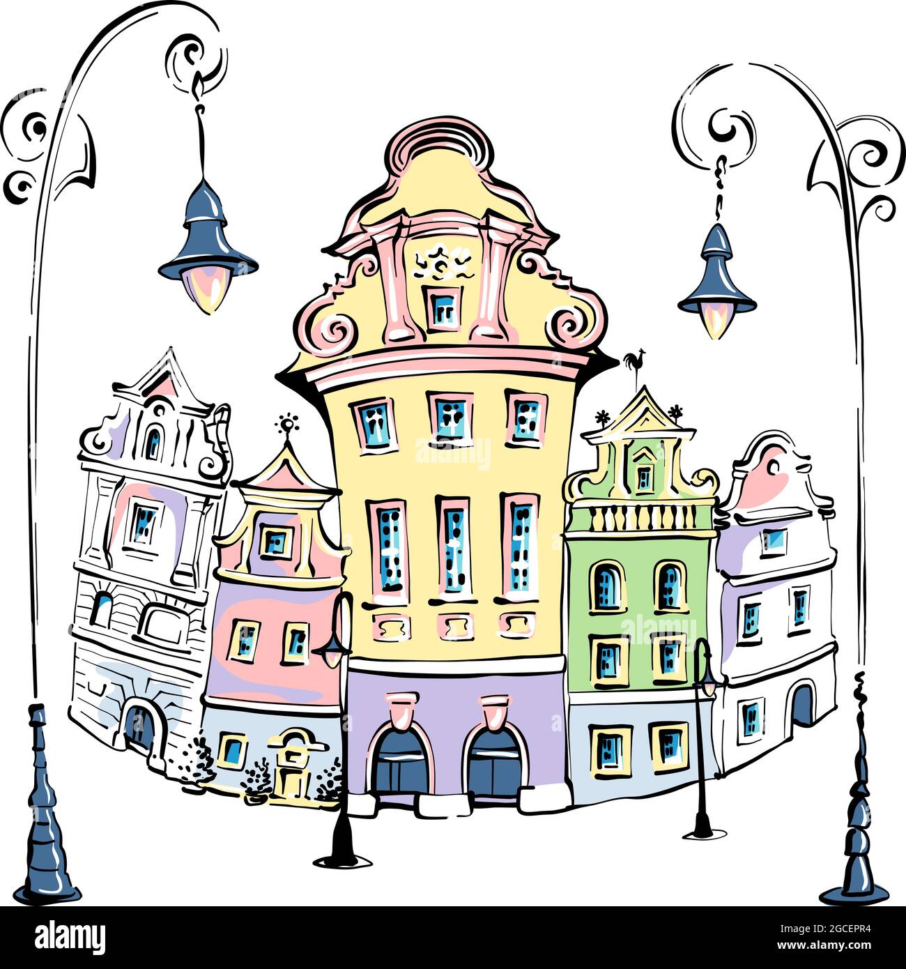 Vector color sketch of cozy houses on Old market square in Poznan ...