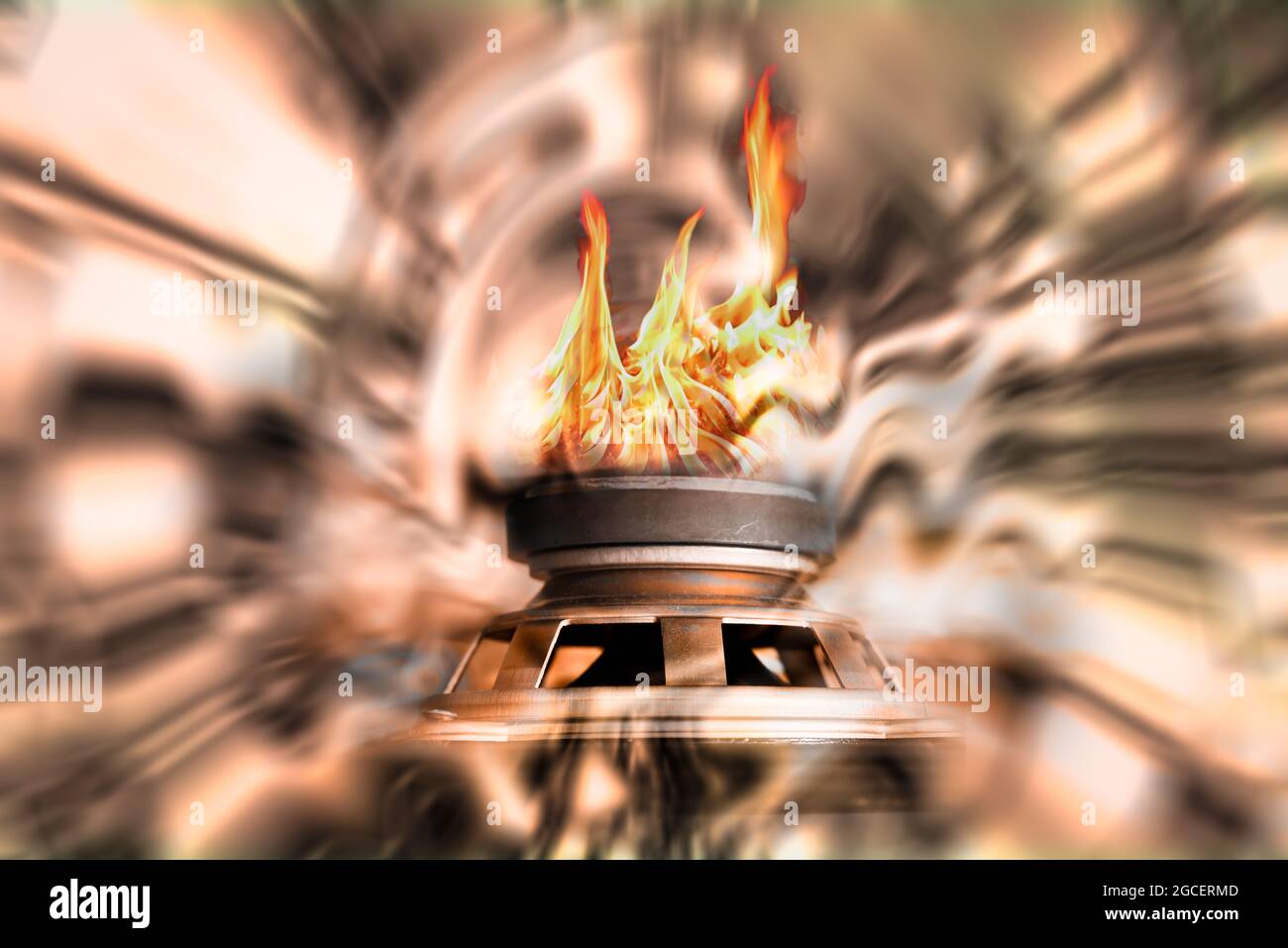 Gas conceptual collage with stove and flame on a blurred background ...