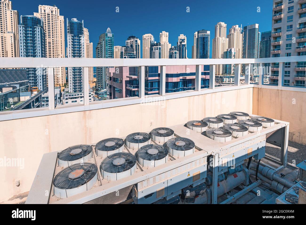 Worn and old ventilation and air conditioning system on the roof of a ...