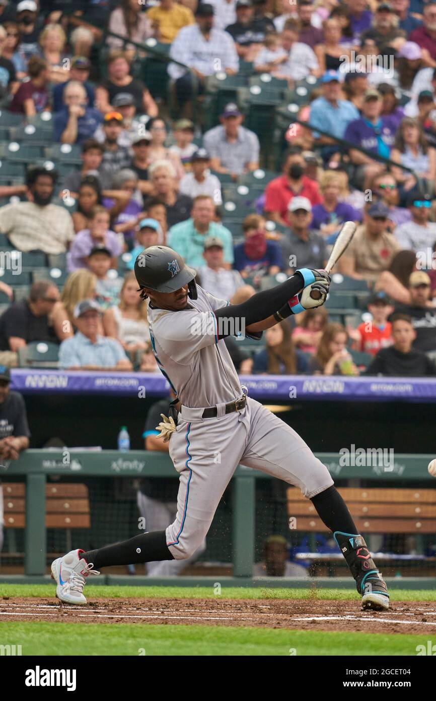 August 7 2021: Miami centerfielder Lewis Brinson (25) gets a hit during ...