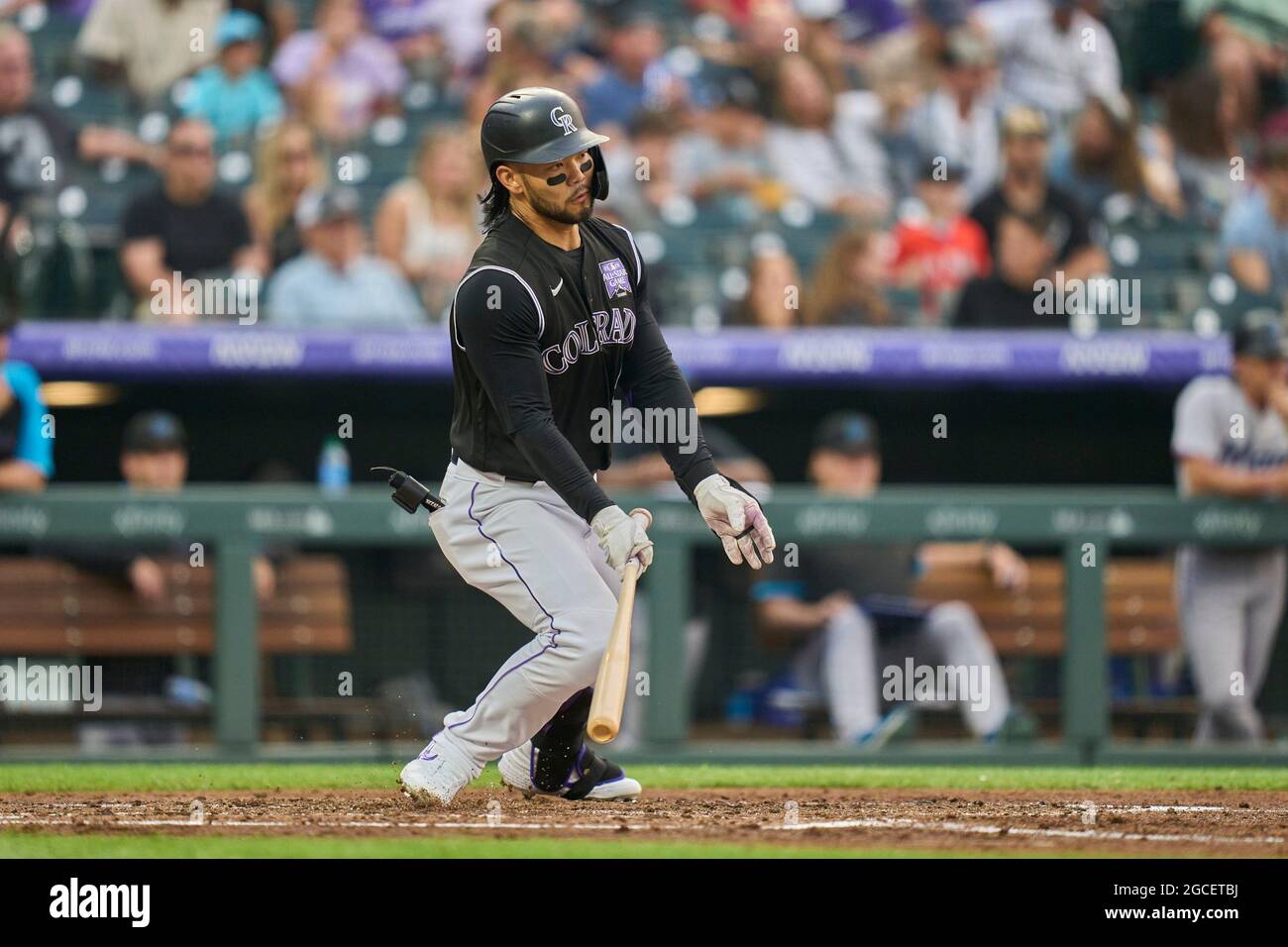 Denver, USA. August 7 2021: Colorado left fielder Conner Joe (9) hits a ...
