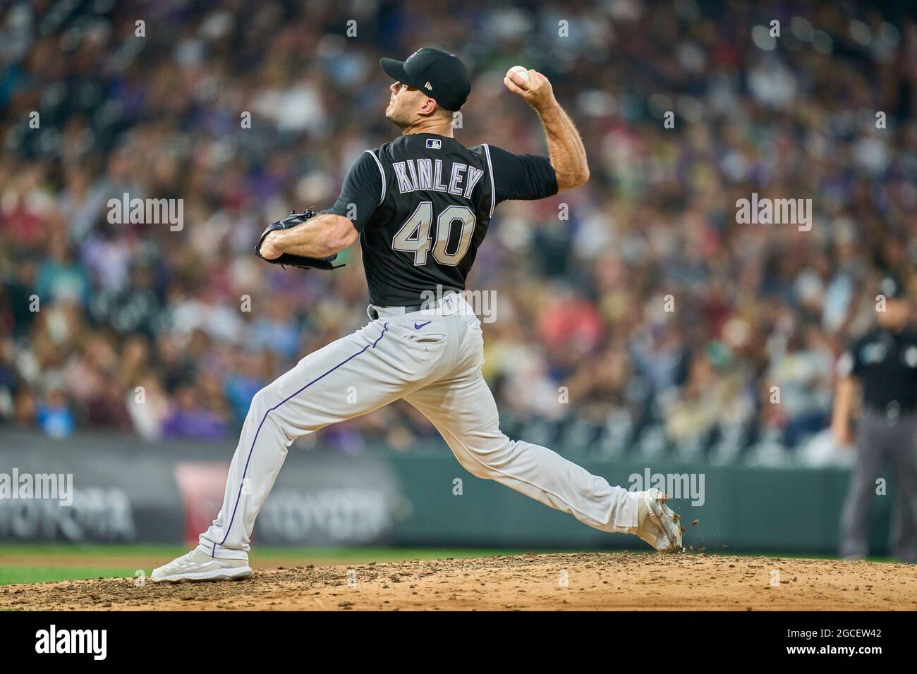 Denver, USA. August 7 2021: Colorado pitcher Tyler Kinley (40) throws a ...