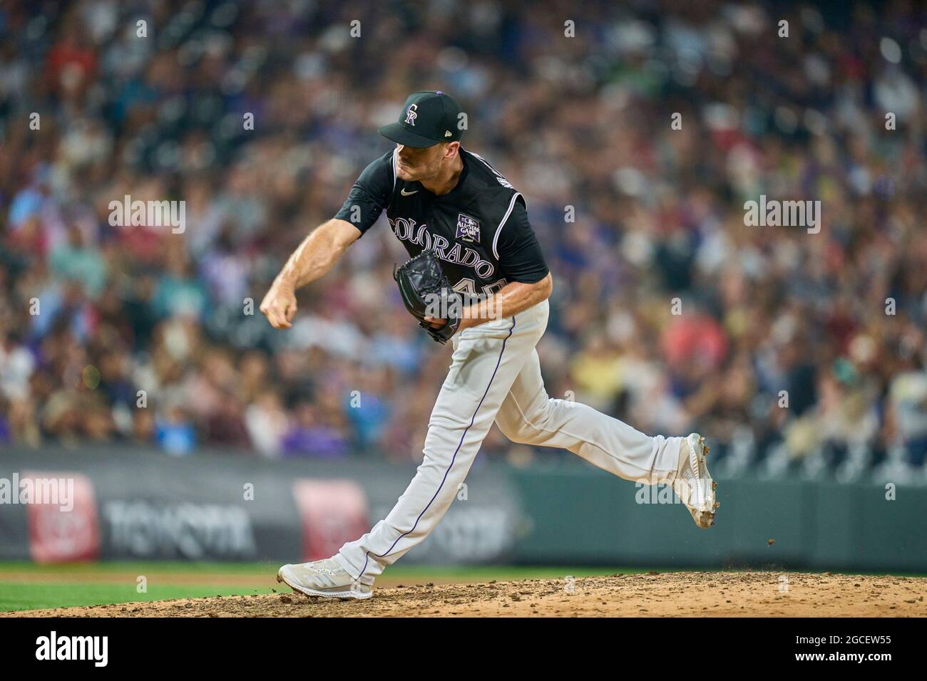Denver, USA. August 7 2021: Colorado pitcher Tyler Kinley (40) throws a ...