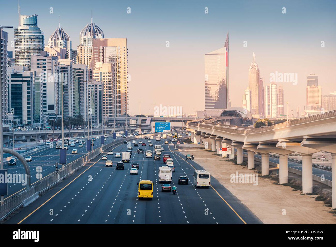 Aerial view of the famous Sheikh Zayed Road with car traffic and metro ...