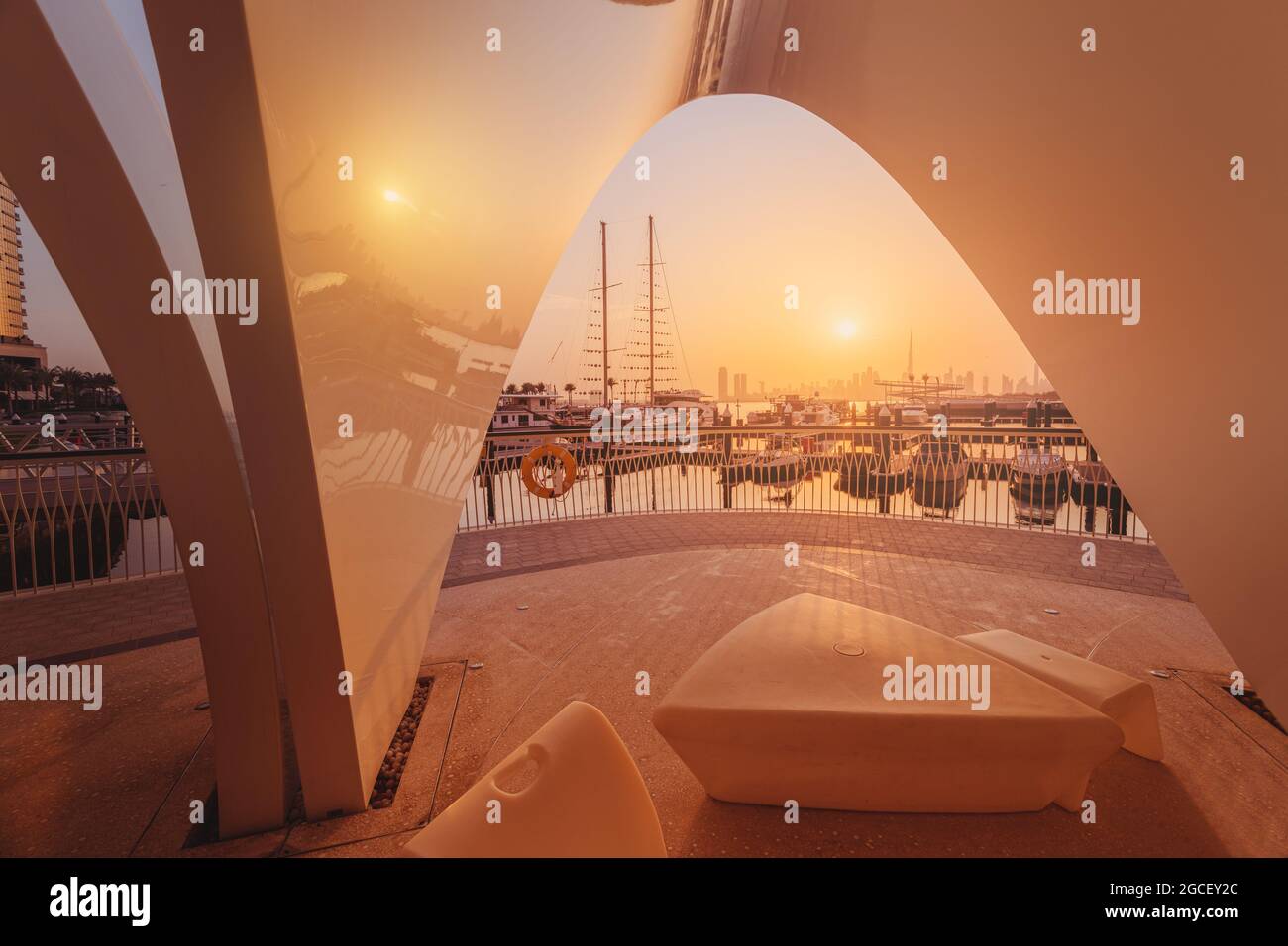 White shell arch with pearls in the new Dubai Creek Marina Harbor ...