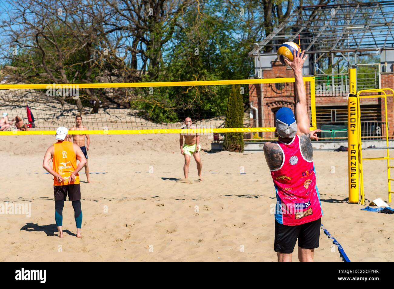 Kaliningrad Region, Russia, 10 May 2021. Men play beach volleyball ...