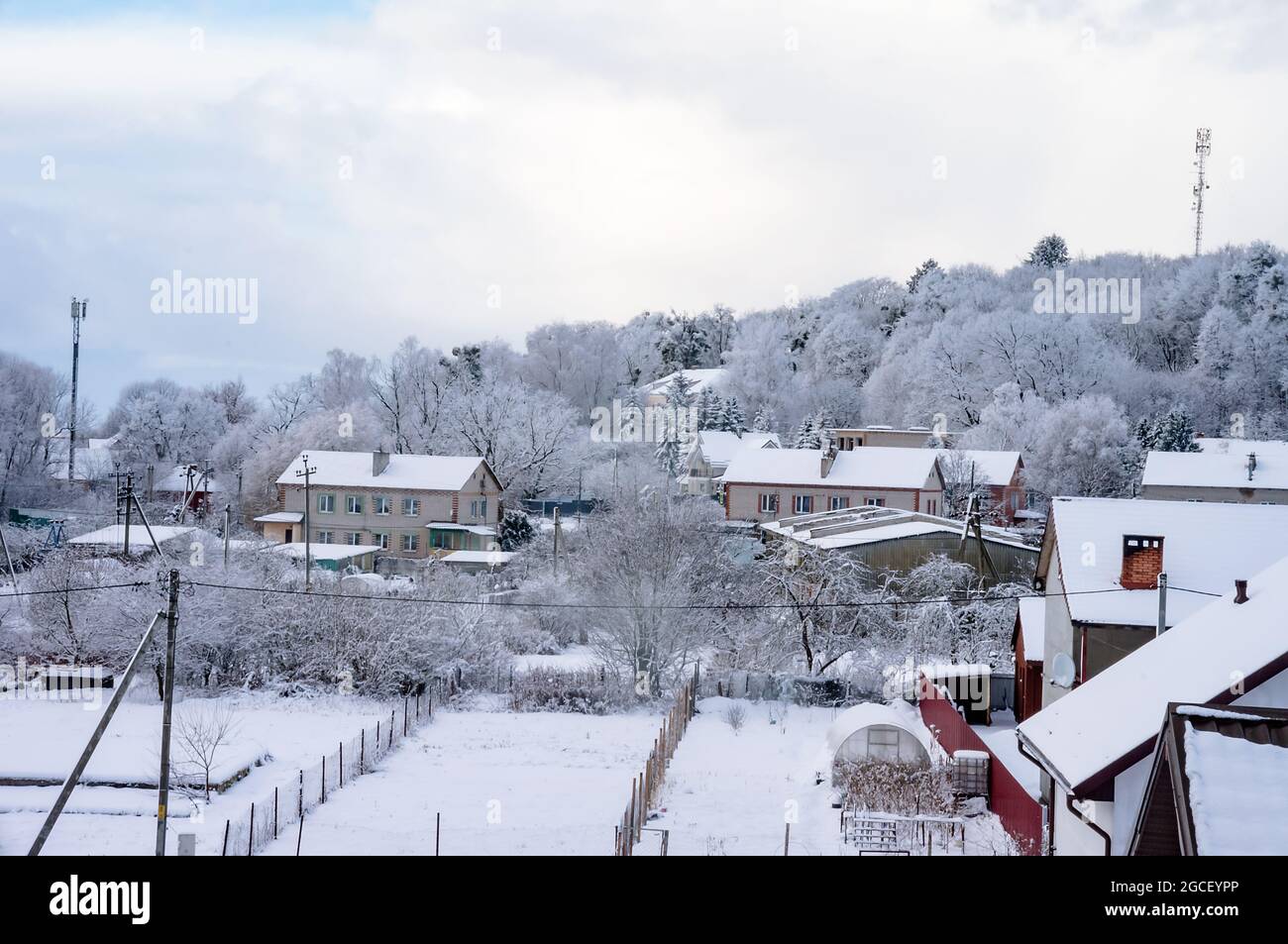 Kaliningrad region, Russia, January 30, 2021. Roofs of houses in the ...