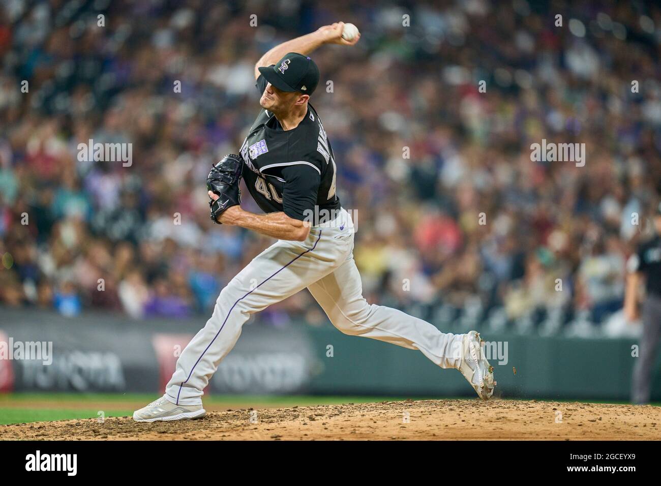 Denver, USA. August 7 2021: Colorado pitcher Tyler Kinley (40) throws a ...