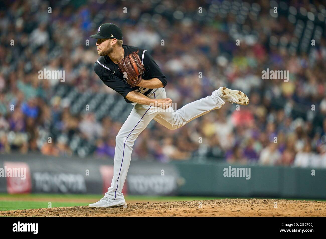 Denver, USA. August 7 2021: Colorado pitcher Daniel Bard (52) throws a ...