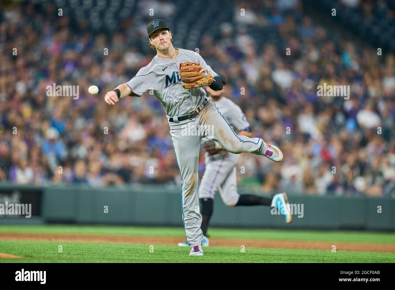 August 7 2021: Miami third baseman Brian Anderson (15) makes a play ...