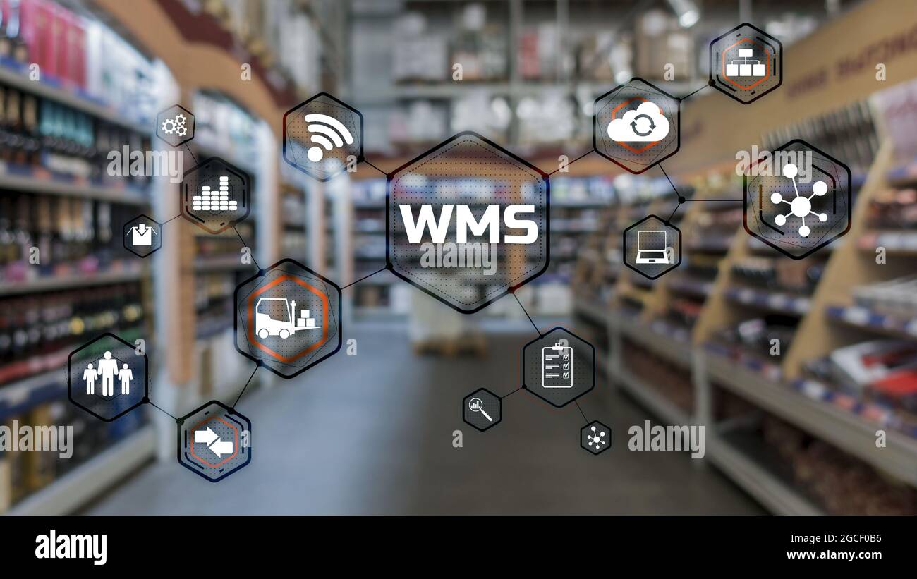 Inscription WMS on blurred warehouse background. Werehouse Management ...