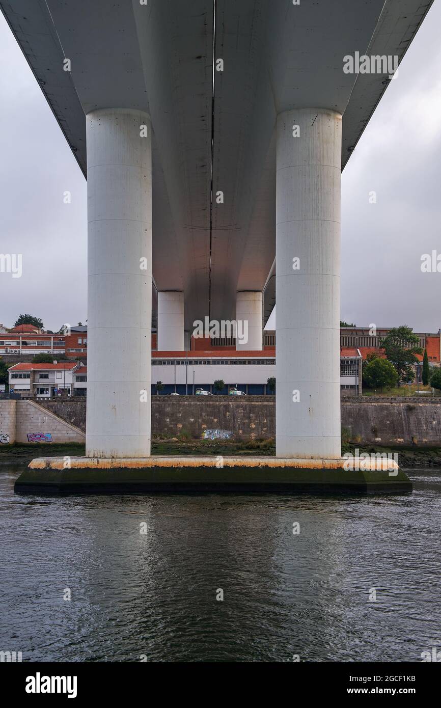 View from Below - Concrete Freixo Bridge Pillars over Douro River ...