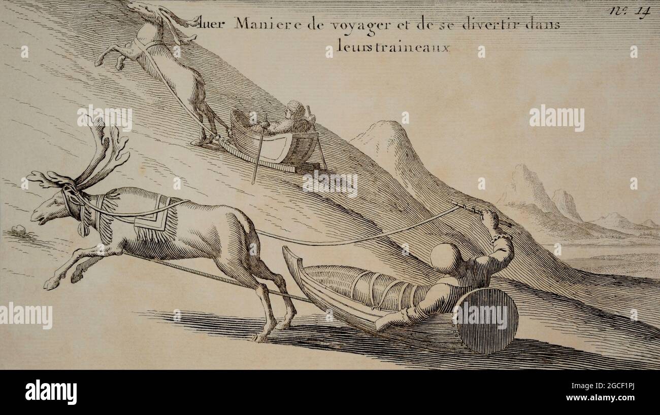 An early image of a native Laplanders' reindeers race up to the hill on ...