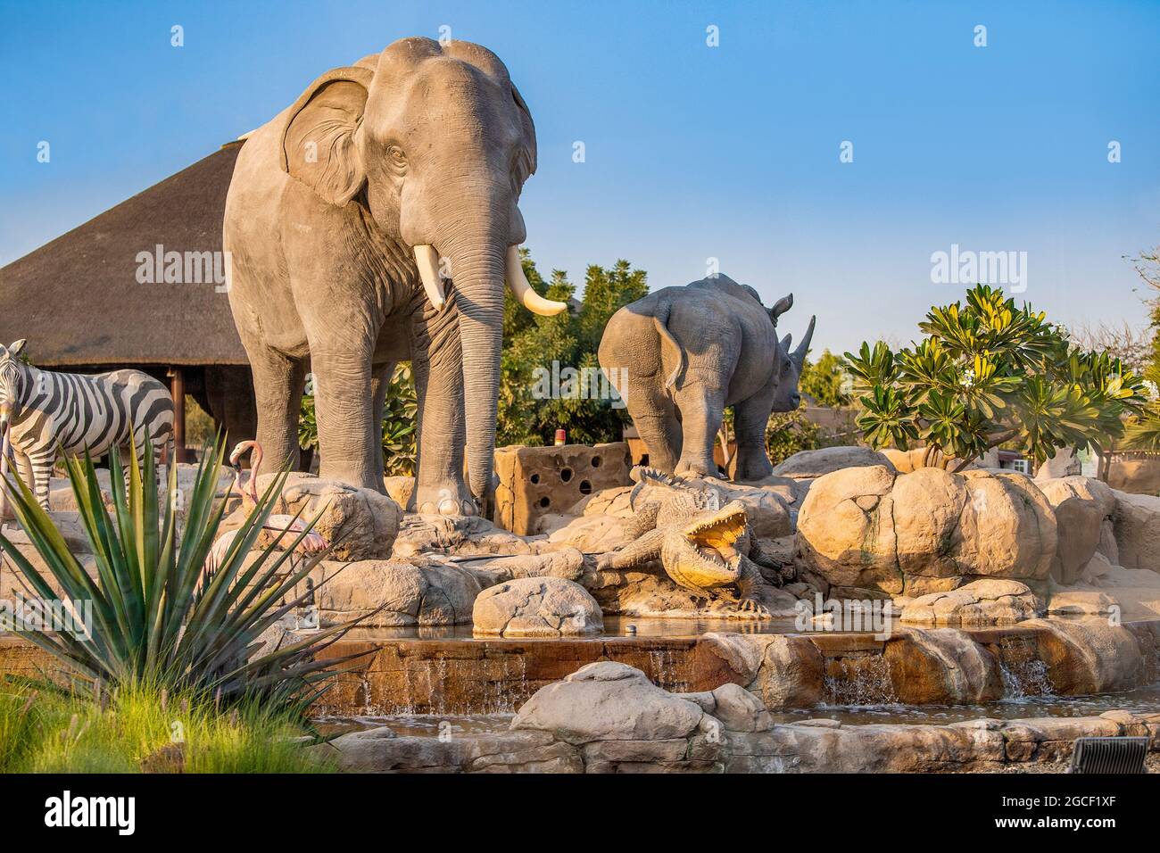 23 February 2021, Dubai, UAE: Zebra, elephant and crocodile statues on ...