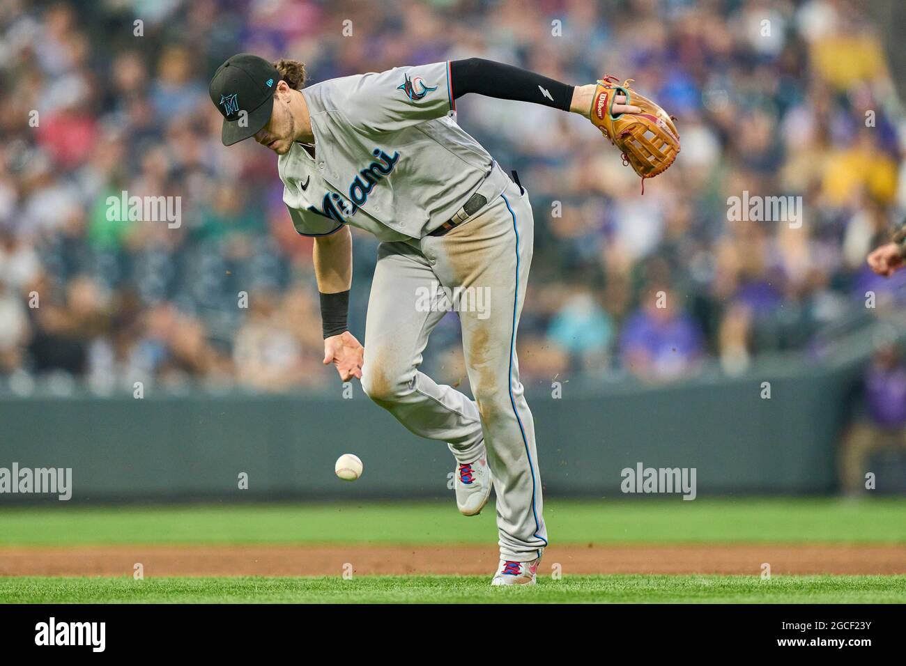 August 7 2021: Miami third baseman Brian Anderson (15) attempts to make ...
