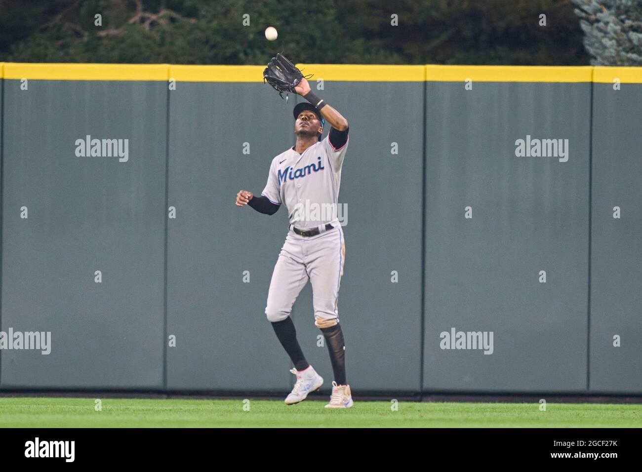 August 7 2021: Miami centerfielder Lewis Brinson 25) makes a play ...