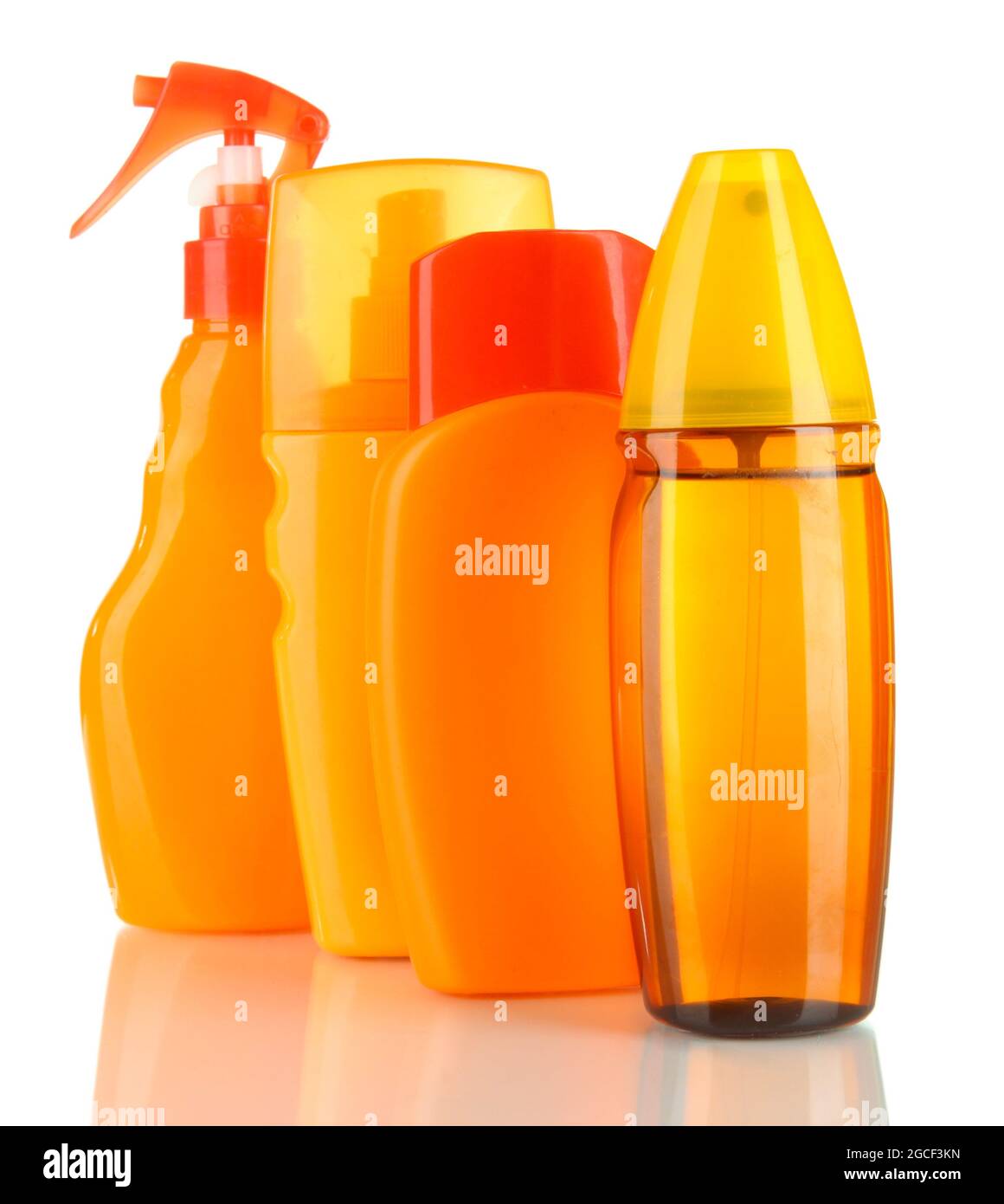 Bottles with suntan cream isolated on white Stock Photo - Alamy