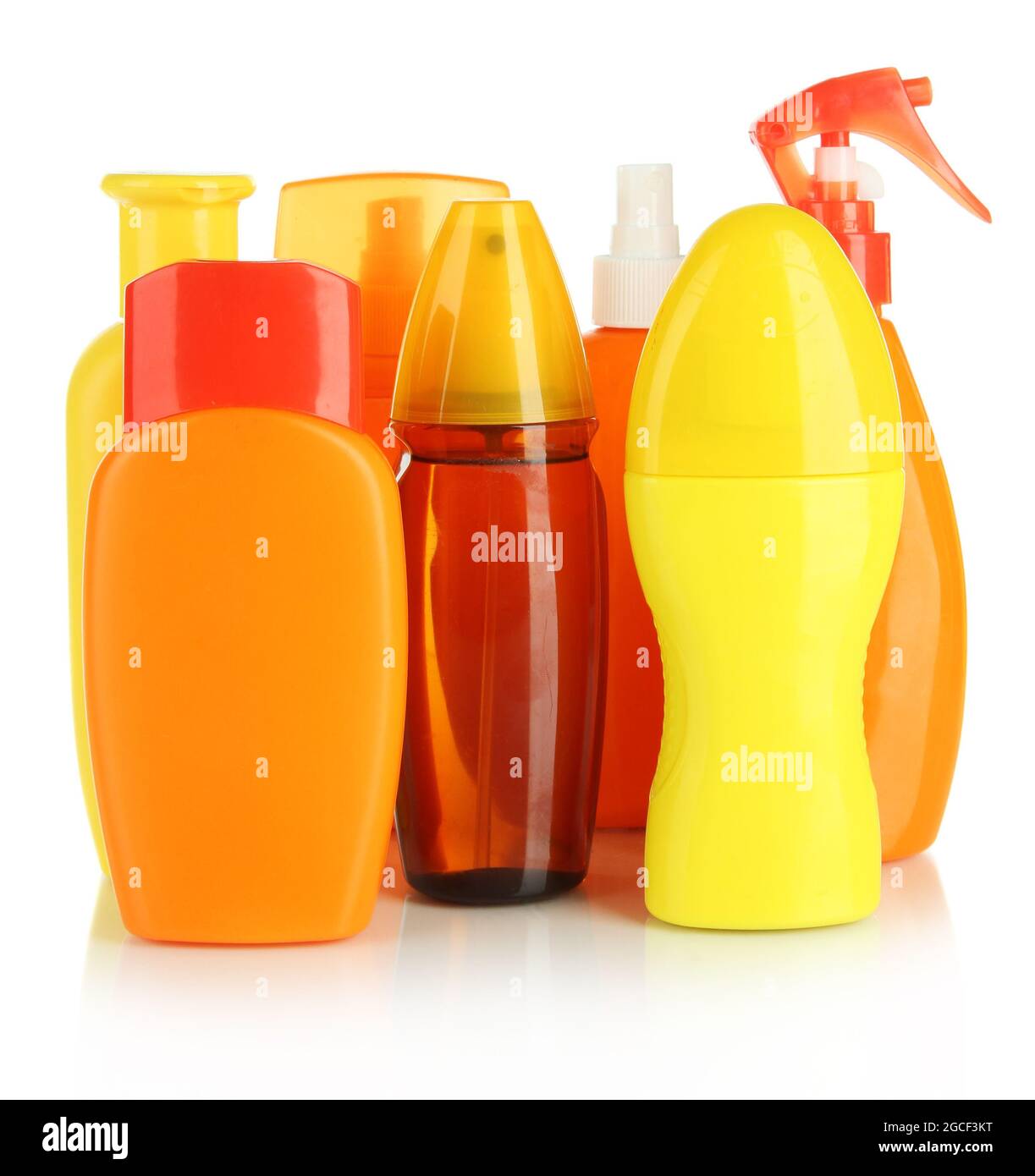Bottles with suntan cream isolated on white Stock Photo - Alamy