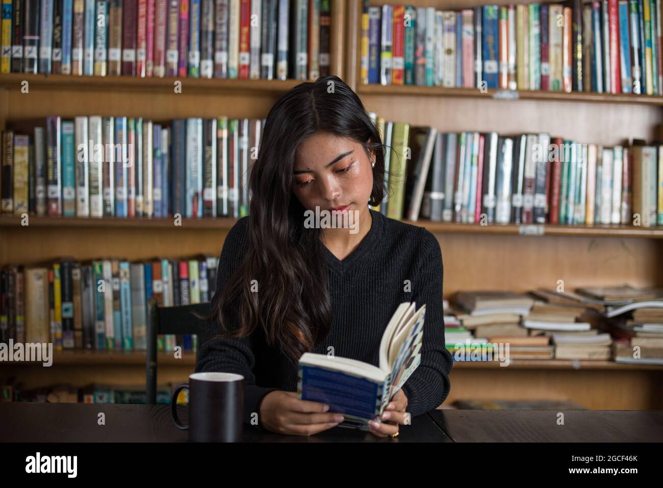 A portrait of a young Malaysian brunette woman reading a book in the ...