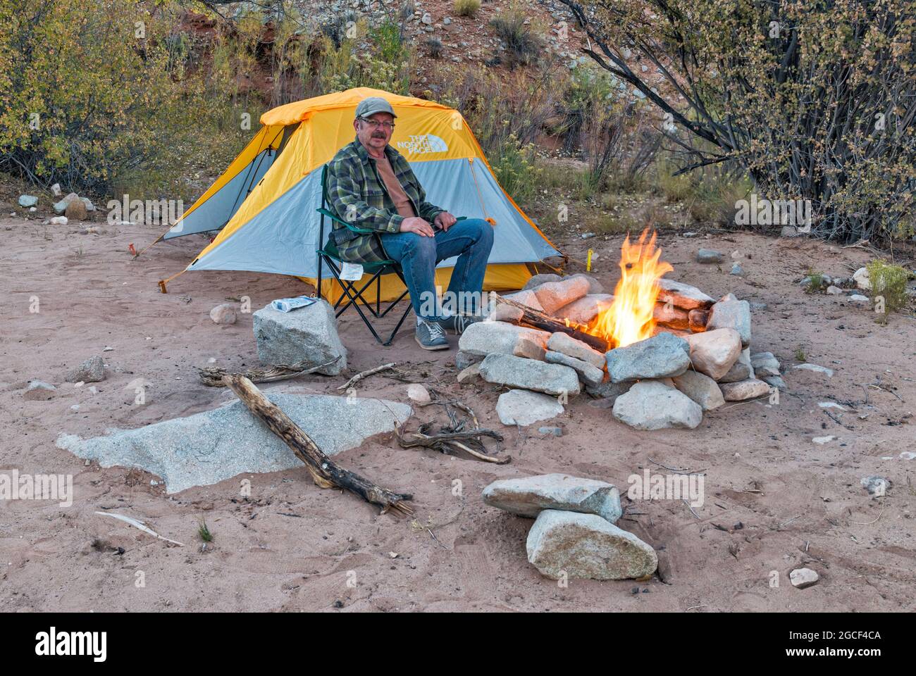 Camper at campsite near Mount Ellsworth, Little Rockies, Utah, USA ...