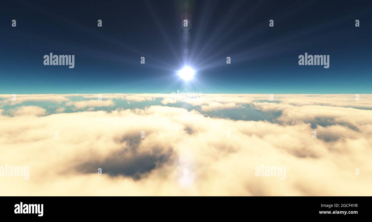 fly above clouds sunset landscape. 3d render illustration Stock Photo ...