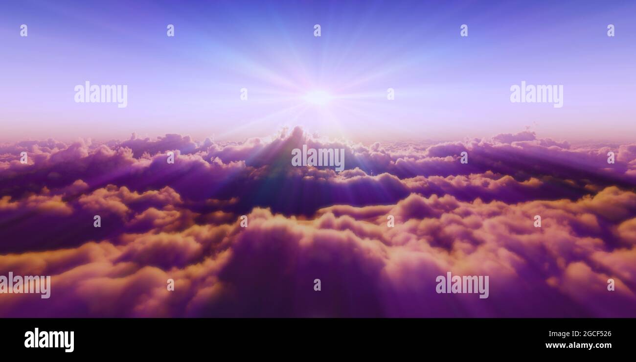 Beautiful aerial view above clouds with sunset. 3d illustration Stock ...