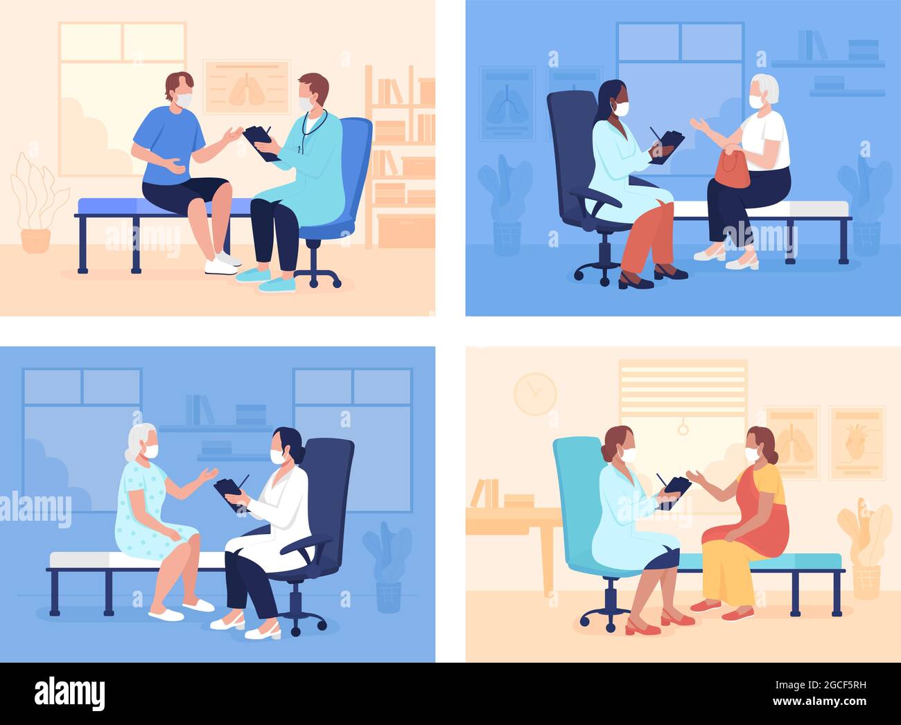 Routine doctor appointment flat color vector illustrations set Stock ...