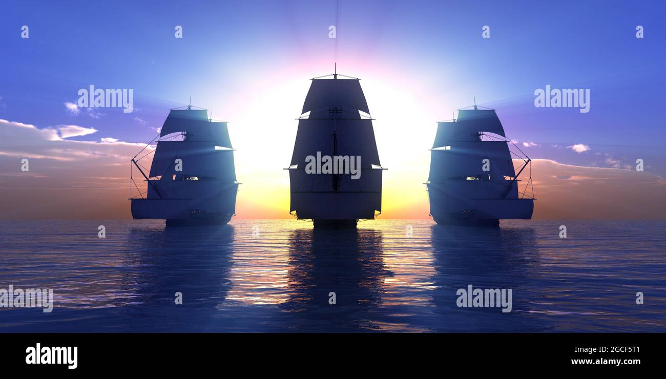 old three ships sunset at sea, 3d rendering illustration Stock Photo ...
