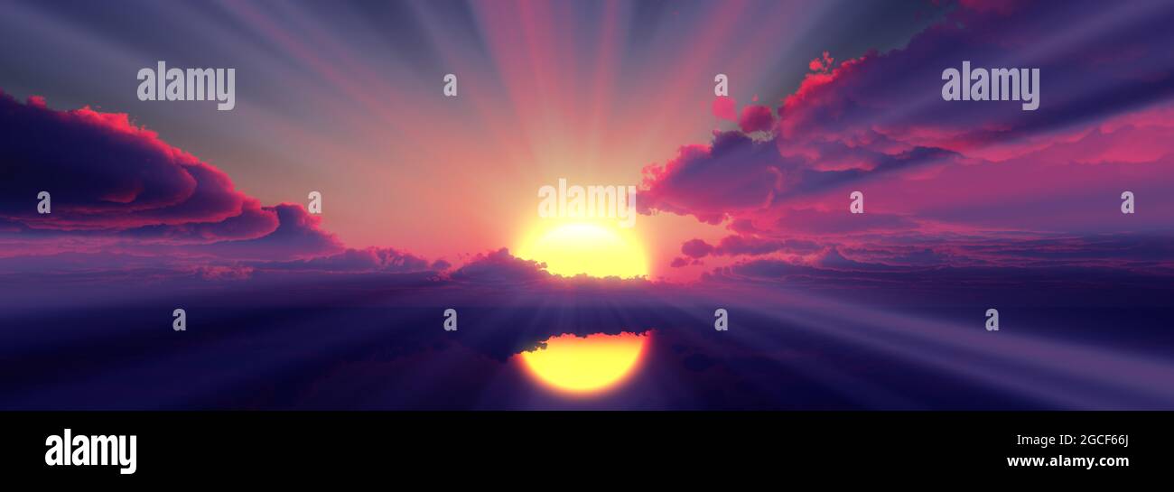 sunset calmly sea sun ray 3d render illustration Stock Photo - Alamy