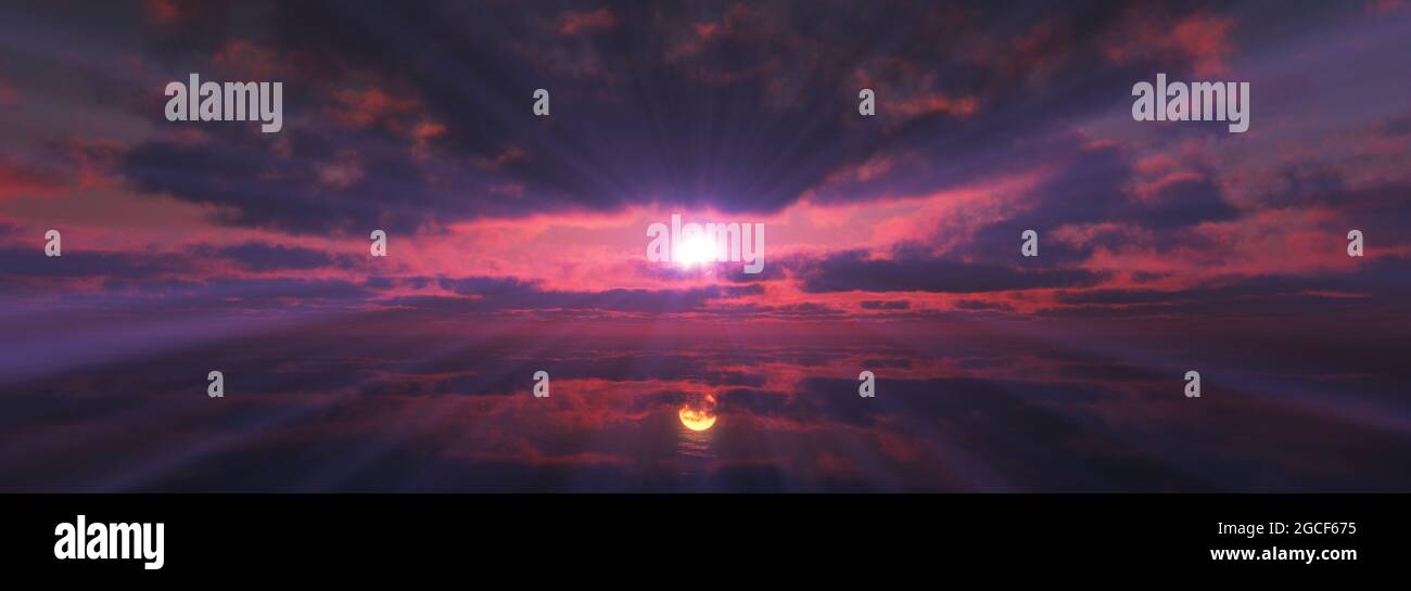 sunset calmly sea sun ray 3d render illustration Stock Photo - Alamy